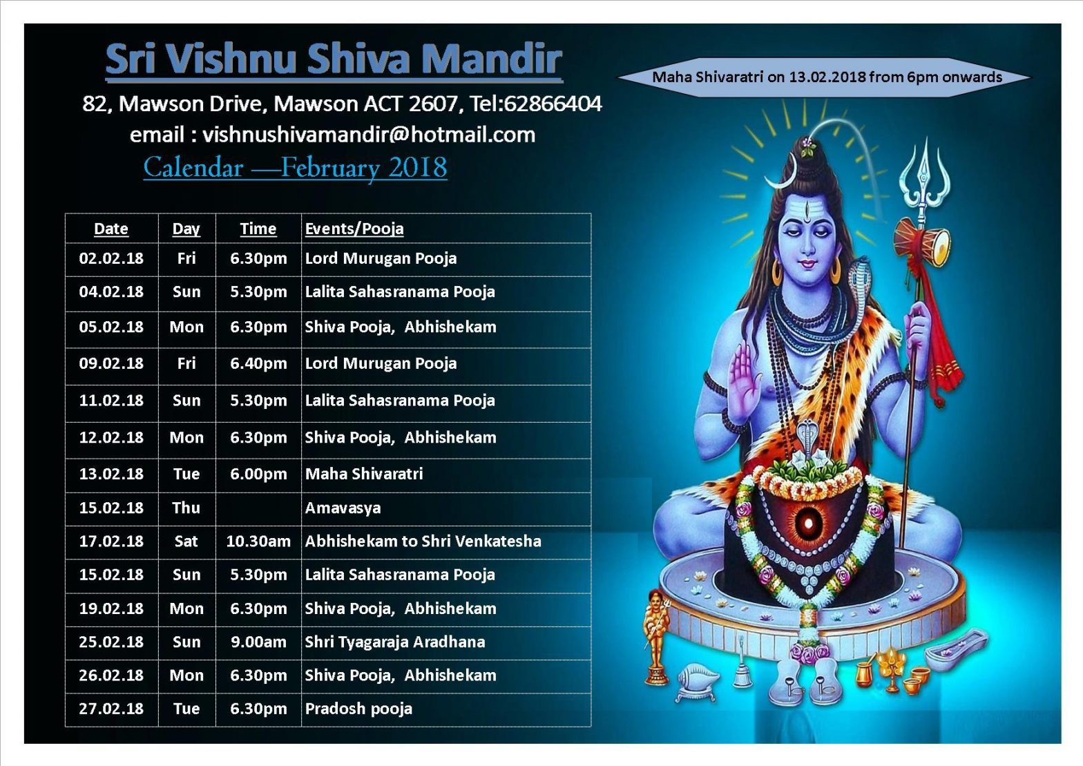Calendars 2018 – Sri Vishnu Shiva Mandir Canberra
